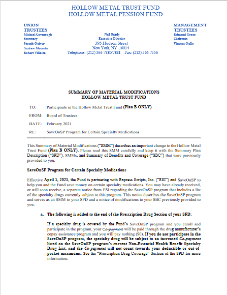 Summary of Material Modifications – Hollow Metals