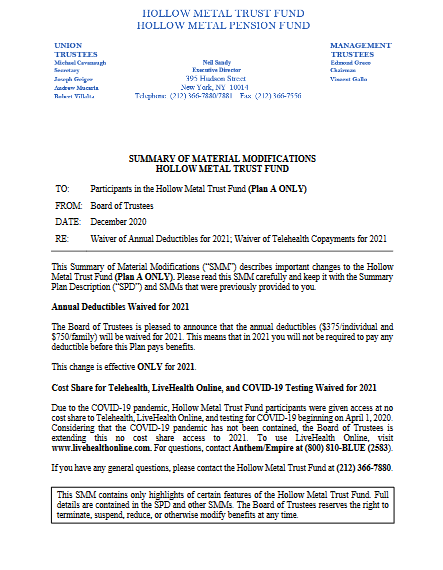 Summary of Material Modifications – Hollow Metals